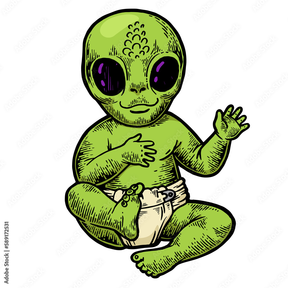 Alien baby in diaper color sketch engraving PNG illustration with ...
