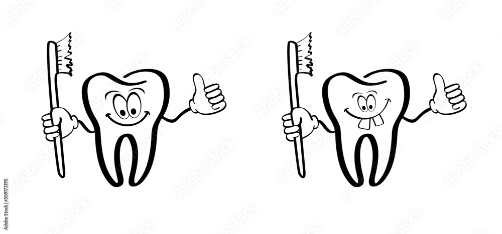 Cartoon tooth with gums and toothbrush. Molar pattern. Vector drawing ...