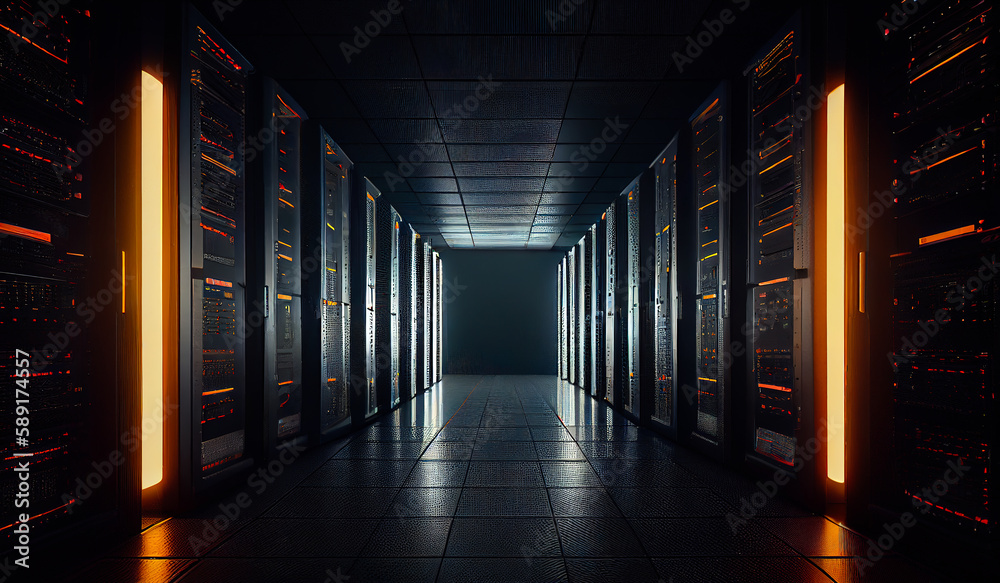 Generative AI image of interior of data center server room at night ...