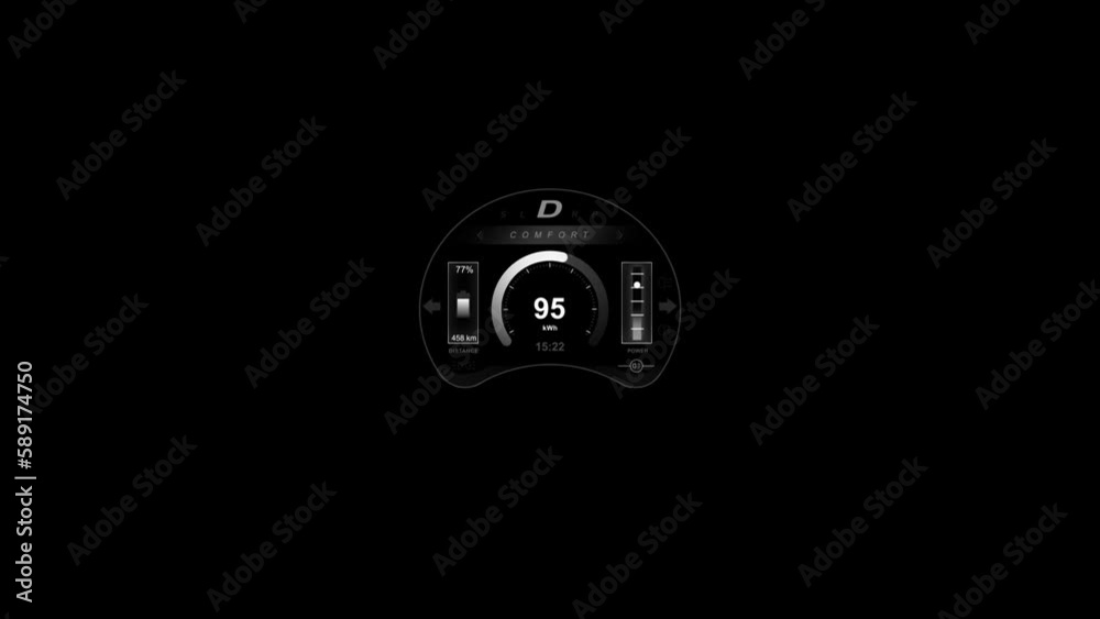 Electric Car Dashboard. Display showing GPS, map, battery, speed, time ...