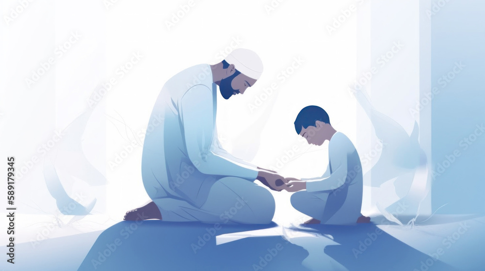 A heartwarming scene of a Muslim father and his child bowing in prayer ...