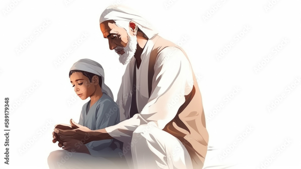 An illustration of a Muslim father and his child kneeling in prayer ...