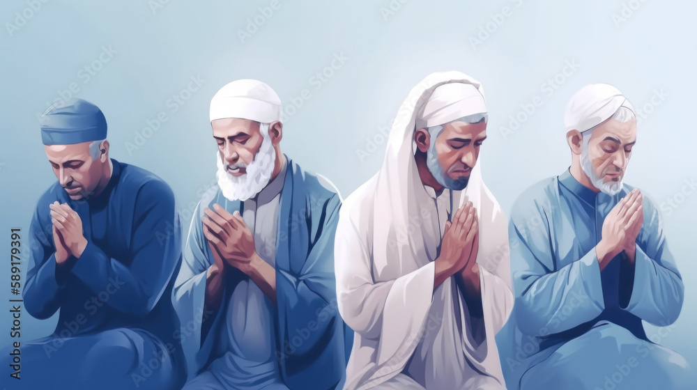 A solemn scene of Muslim men bowing in prayer on a light background ...