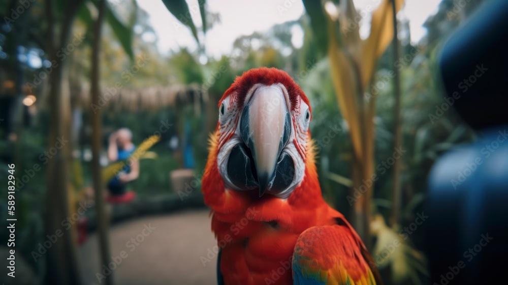 portrait head shot of a parrot with a tropical forest at background ...