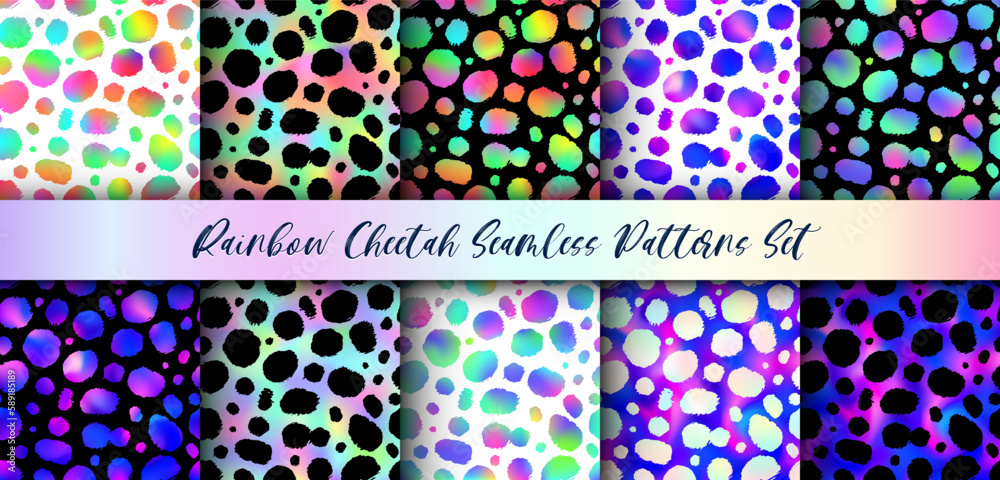Rainbow Cheetah seamless patterns set. Vector gradient wild animal ...