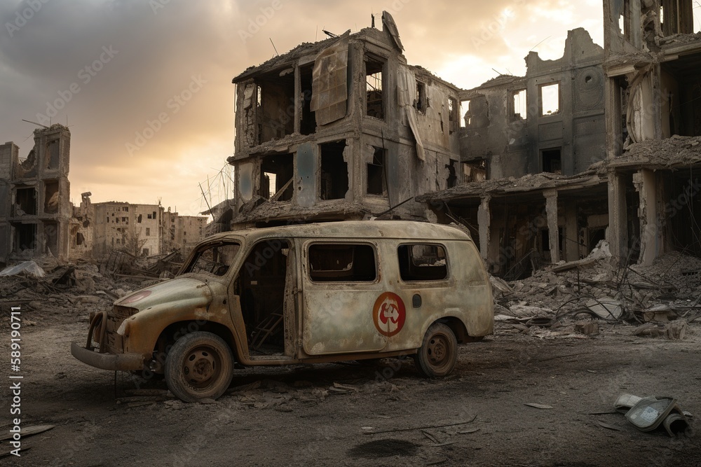 Scorched ambulance amid war-devastated city ruins, heart-wrenching ...