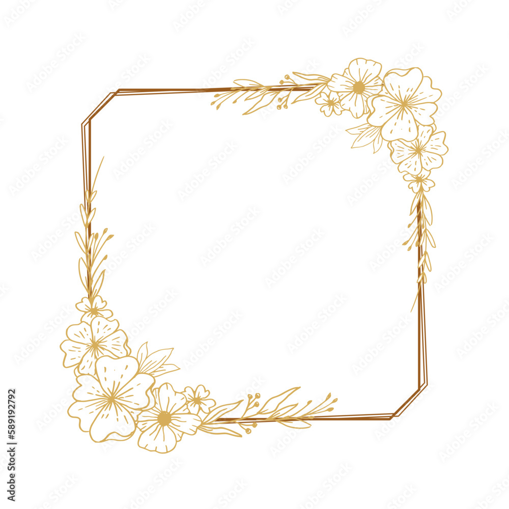 Elegant gold square floral border with hand drawn leaves and flowers ...