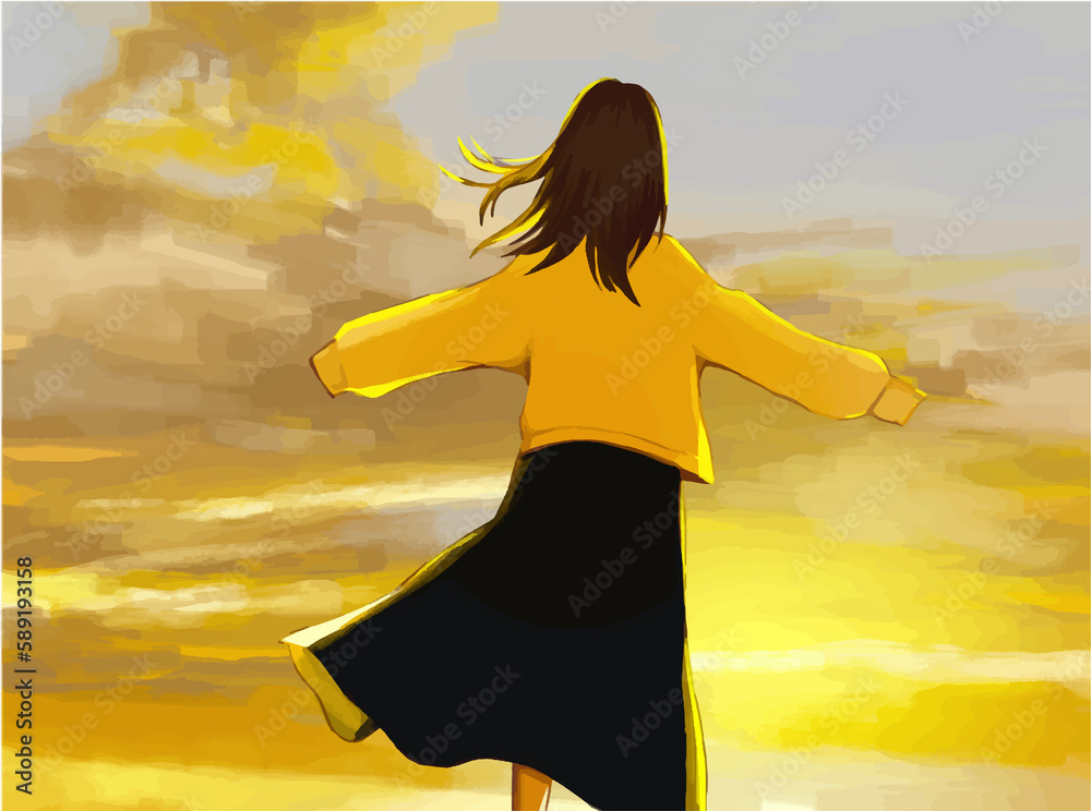 The young girl stands outside, gazing up at the bright sunny sky above ...