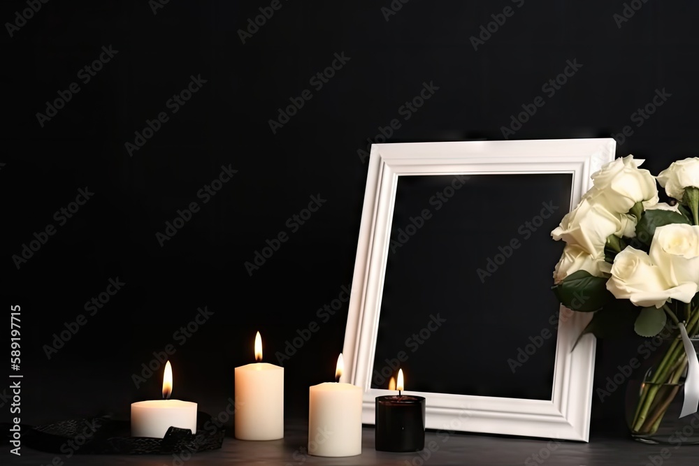Blank funeral frame, candles and flowers on table against black ...