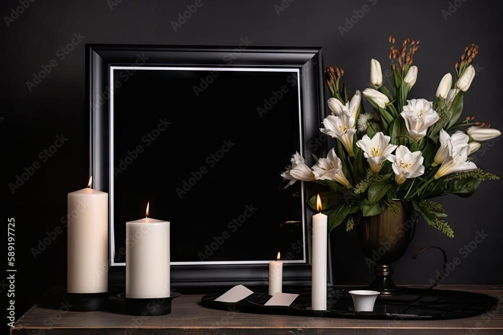 Blank funeral frame, candles and flowers on table against black ...