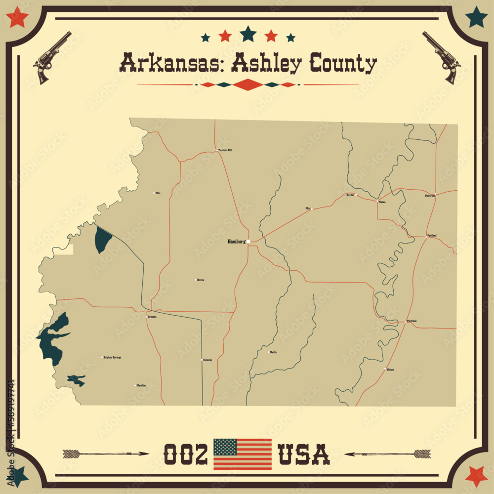 Poster Large and accurate map of Ashley County, Arkansas, USA with ...