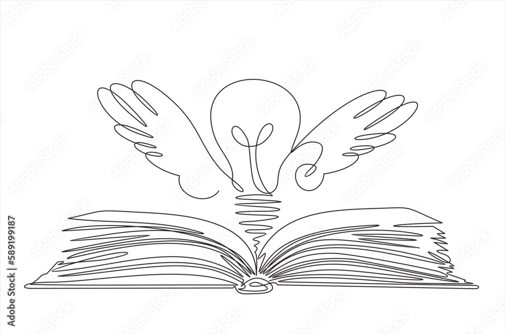 One single line drawing of shining light bulb with wings above open ...