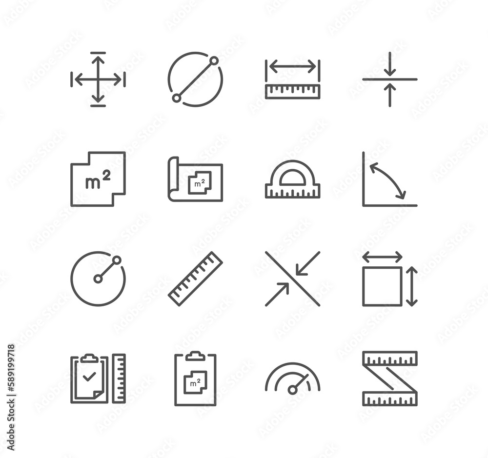 Set of measure related icons, radius, diameter, depth, axis, area and ...