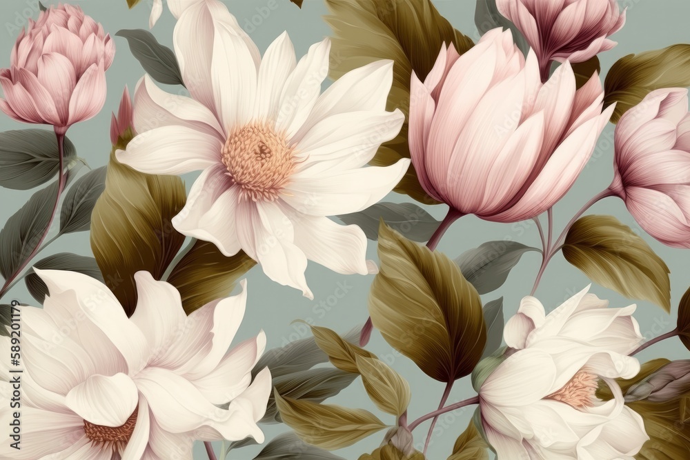 Floral Wallpaper, Watercolor Peonies Flower Brach Green Leave. Light ...