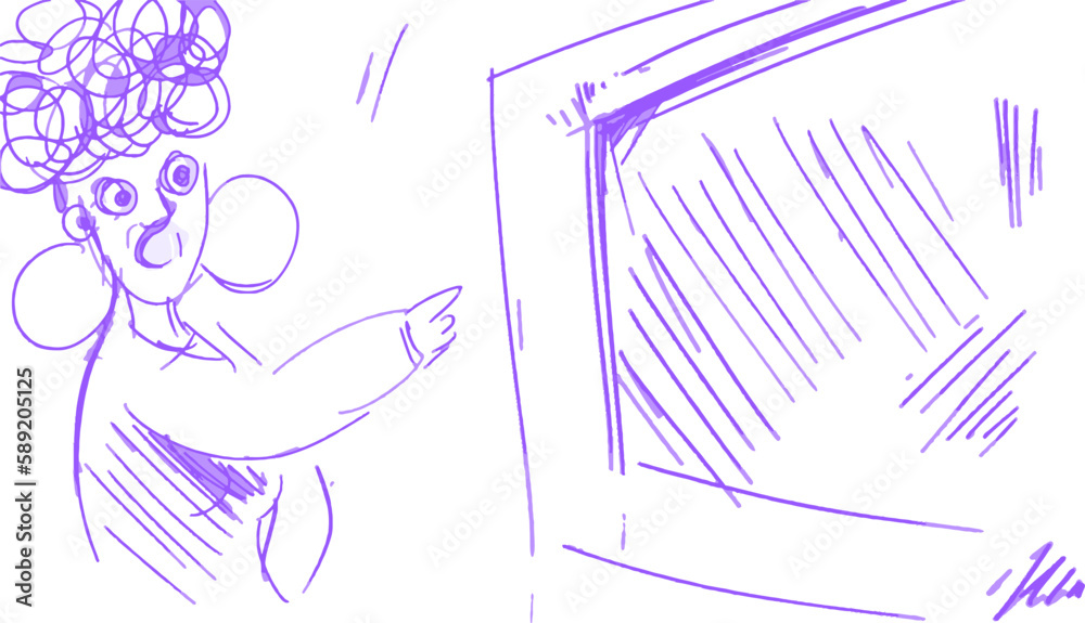 Fototapeta Shocked woman points her finger at the screen. Sketch with a ... Fototapeta Shocked woman points her finger at the screen. Sketch with a ...