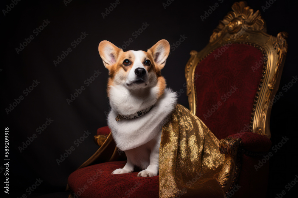 Pembroke Welsh Corgi dog dressed with a British royal family crown ...