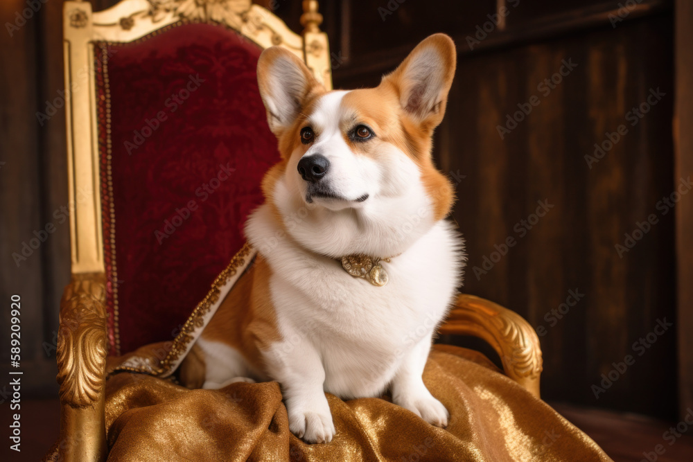 Pembroke Welsh Corgi dog dressed with a British royal family crown ...