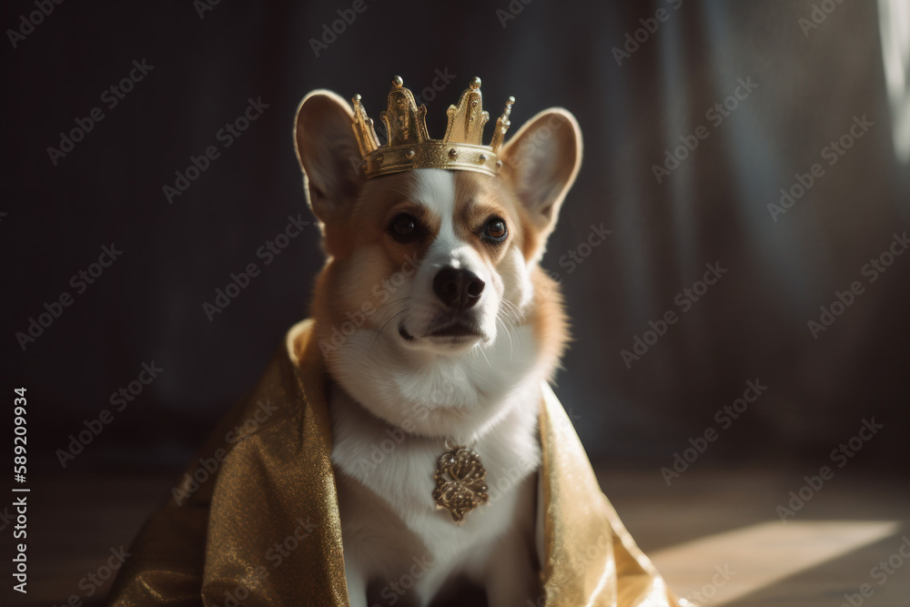 Pembroke Welsh Corgi dog dressed with a British royal family crown ...