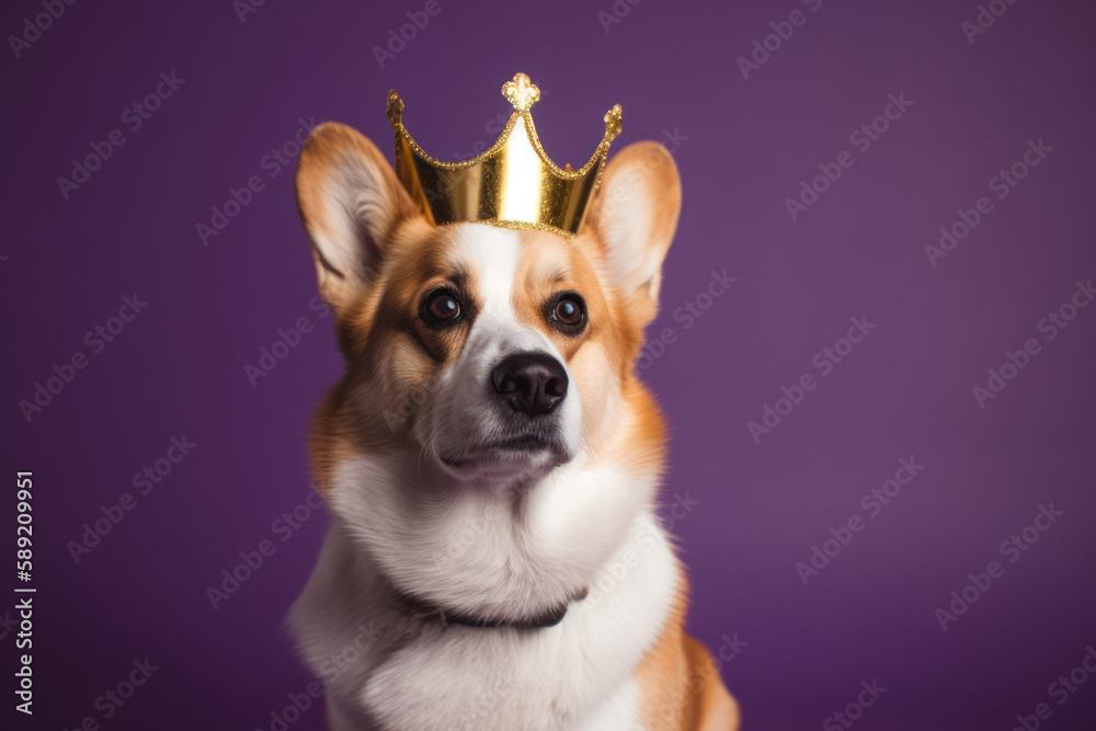 Pembroke Welsh Corgi dog dressed with a British royal family crown ...