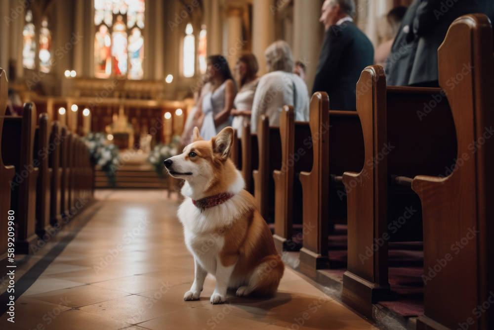 Pembroke Welsh Corgi pet dog waiting in the aisle of a British royal ...