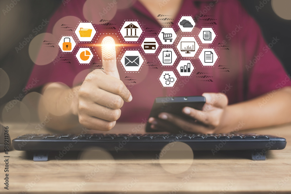 digital businesswoman using technology cyber security fingerprint scan ...