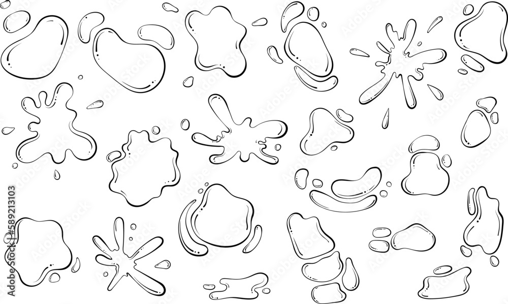 Liquid drops and blots shapes line art. A puddle of water or paint ...
