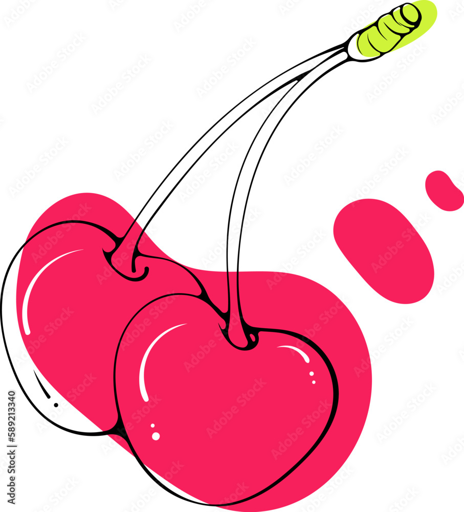 Two cherries with stem outline. Stylish sketch with abstract colored ...