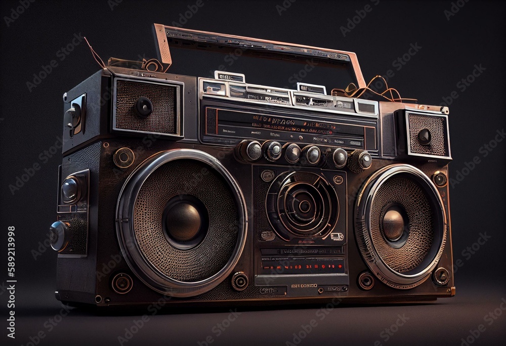 Retro ghetto blaster boombox, radio and audio tape recorder on black ...