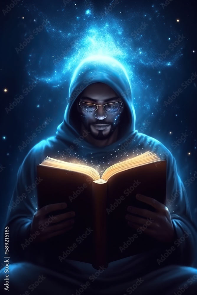 Higher self soul reading text on book which glow. A man learns the ...