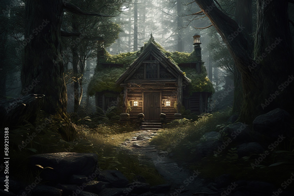 Old house is a hut in the forest. Eerie forest is a lonely shack ...