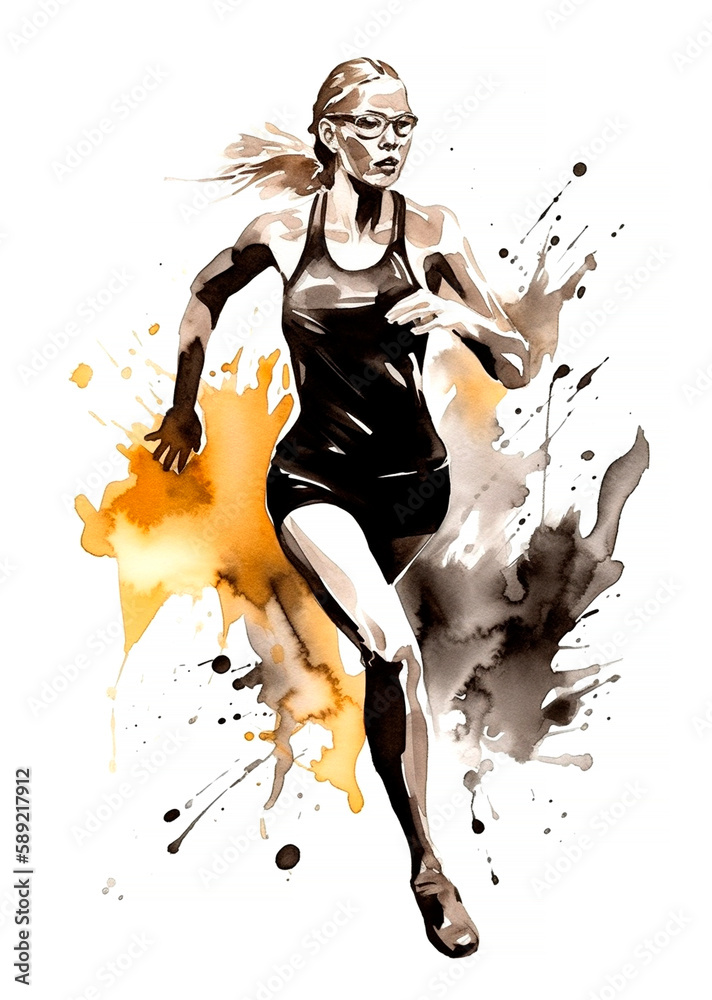 Watercolor Woman with glasses running, Watercolour Illustration ...
