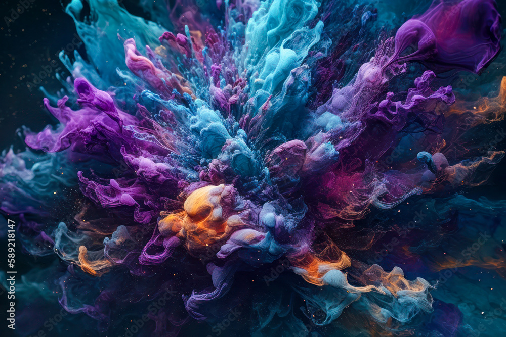 "Cosmic Explosion": Create a fluid art image that features deep purples ...