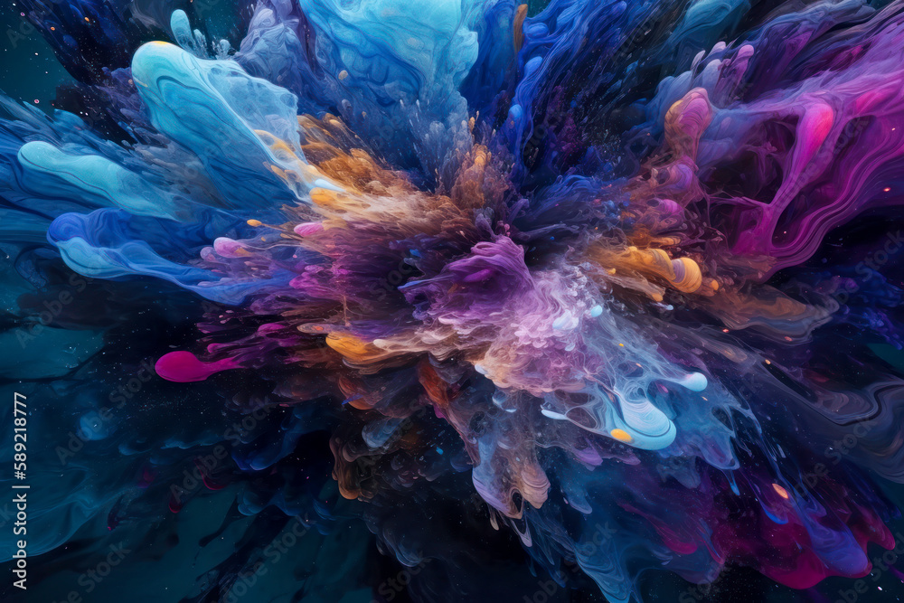 "Cosmic Explosion": Create a fluid art image that features deep purples ...