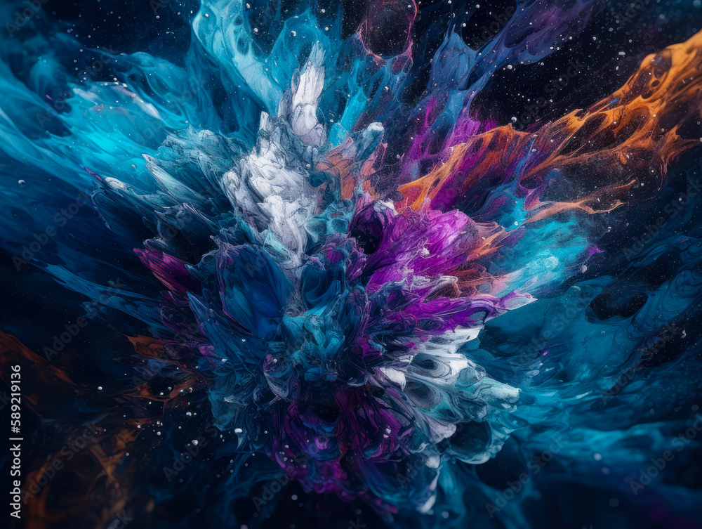 "Cosmic Explosion": Create a fluid art image that features deep purples ...