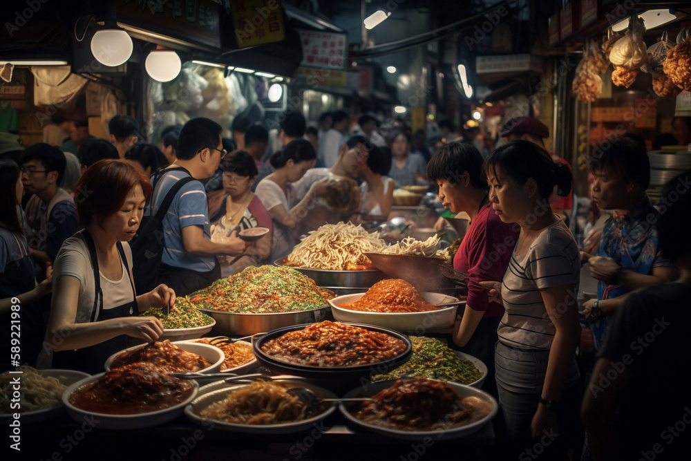 Generative ai lively asian street food market at night ilustración de ...