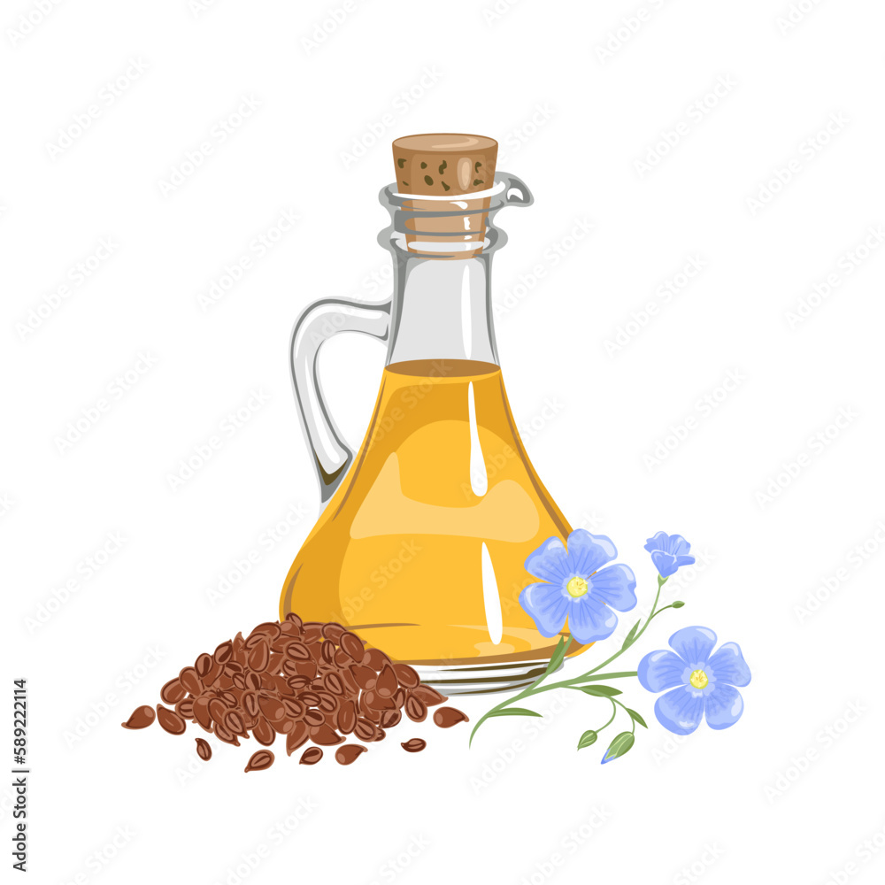 Linseed oil in glass bottle, heap of seeds and flowers. Vector cartoon ...