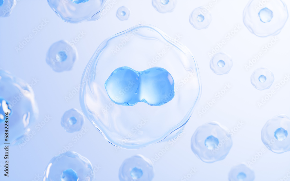 Cell division and floating cells in the blue background, skin treatment ...