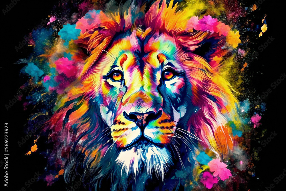 Colorful lion head on multicolored background, creative abstract ...