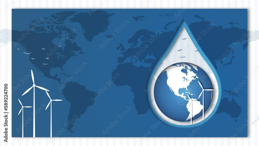 Drop of water with blue planet earth rotating. Wind generators and ...