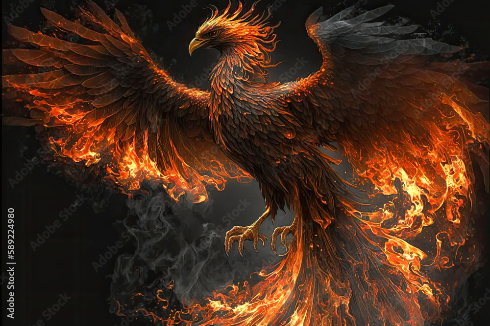 Fire burning Phoenix Bird with black background. Phoenix rising from ...