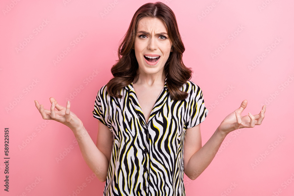 Portrait of outraged negative person raise hands shout say tell loud ...