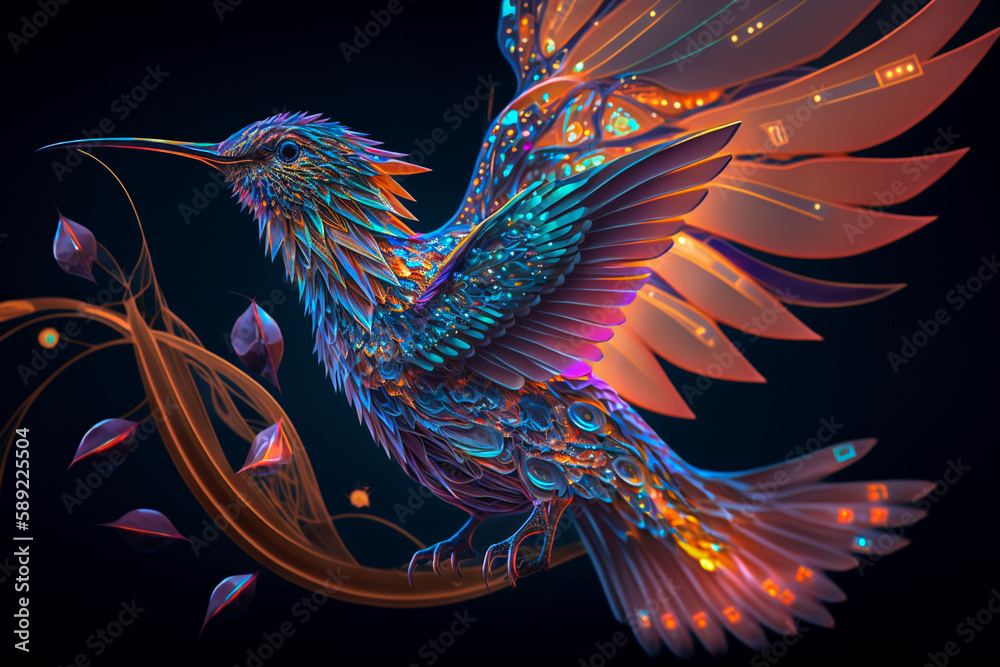 Colorful cartoon rainbow bird with black background. Wonderful electric ...