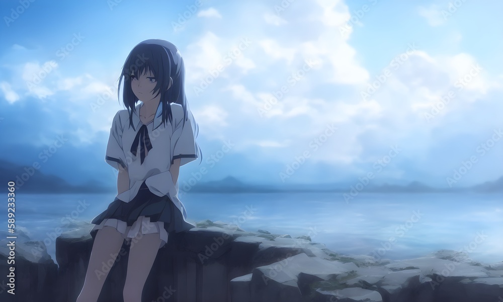 beautiful anime girl seating on beach, HD anime, 4k wallpaper, woman in ...