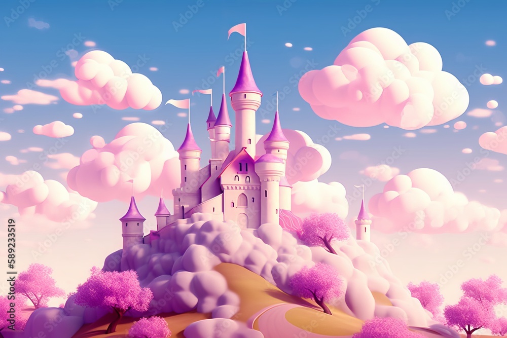 cartoon style princess castle with cotton clouds and dreamy fairytale ...