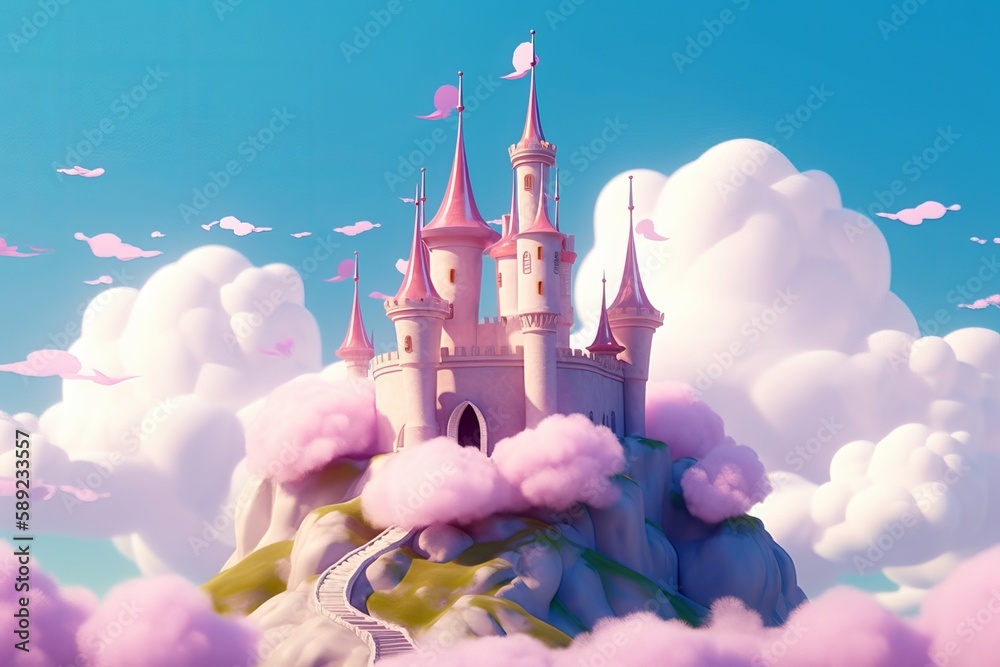 cartoon style princess castle with cotton clouds and dreamy fairytale ...