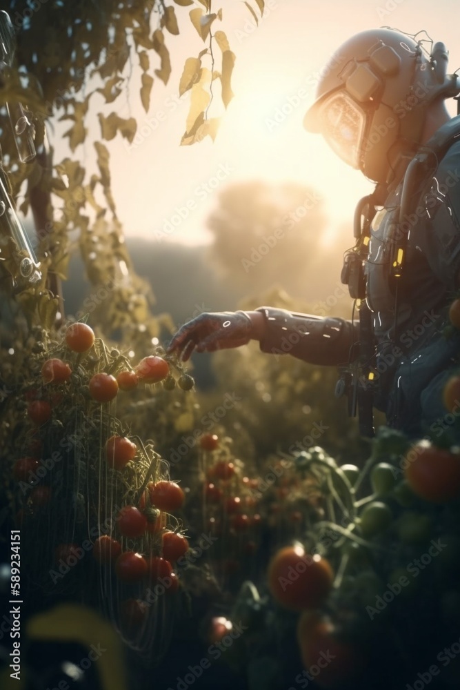 Generative AI image of future farmer in machine attire helmet standing ...