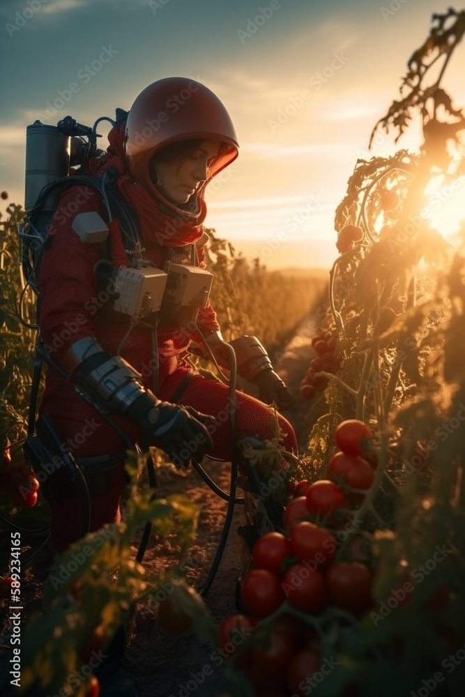 Generative AI image of future farmer in machine attire helmet standing ...