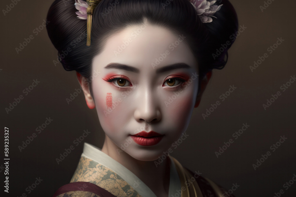 Generative AI illustration of young beautiful Asian Geisha in kimono ...