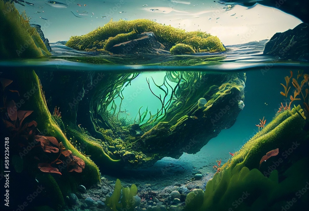 Algae, fresh water, a lake's underwater scenery, and green water are ...