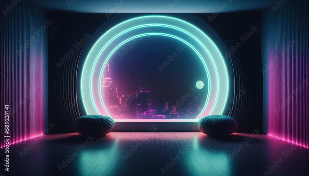 Luxury studio room design interior with sofa and window with glowing ...